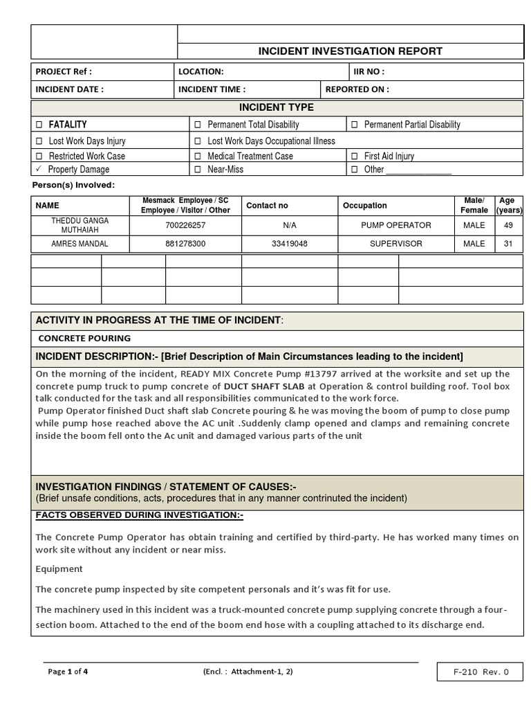 Incident Investigation Report | PDF | Concrete | Pump