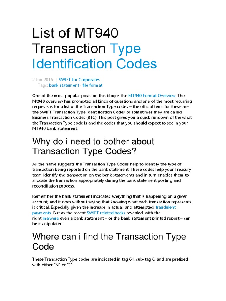 List of MT940 Transaction | PDF | Financial Transaction | Securities ...