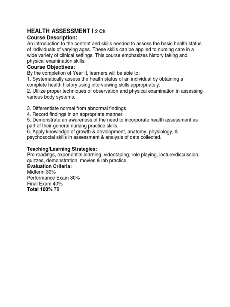 HEALTH ASSESSMENT Course Grid | PDF | Physical Examination ...