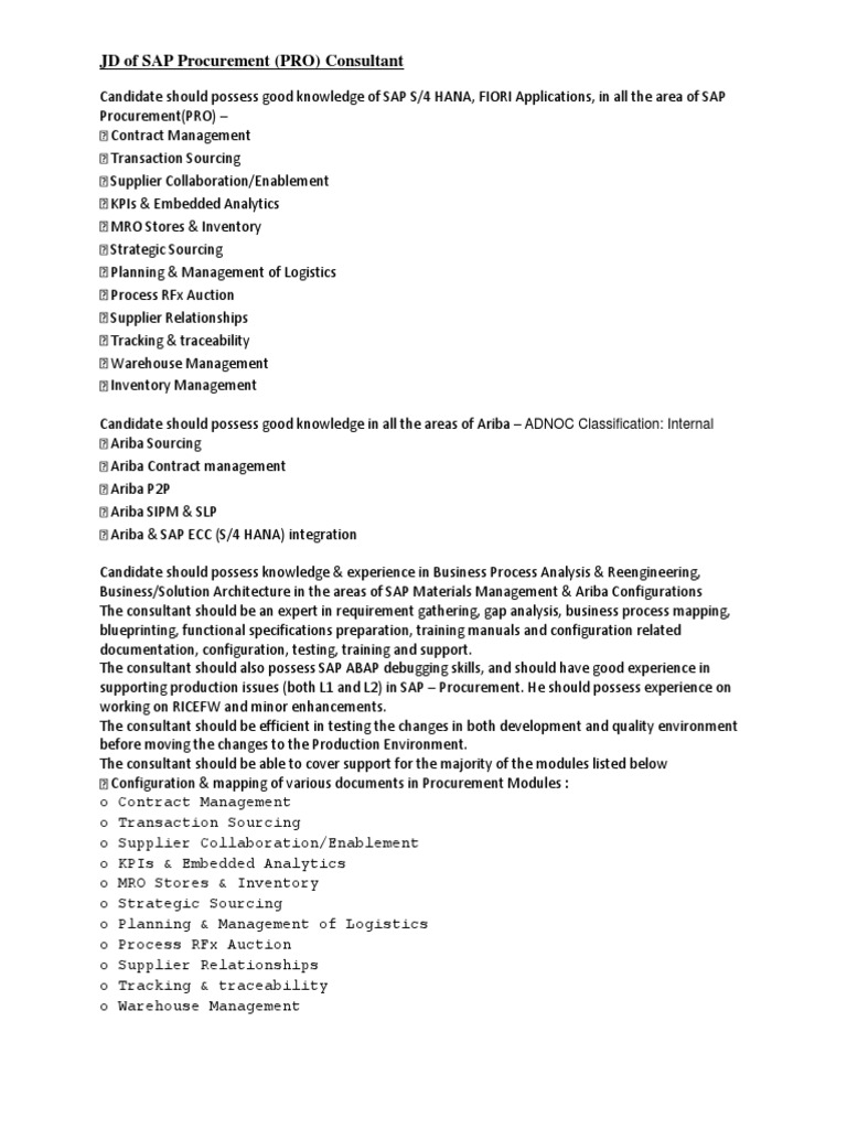 JD of SAP Procurement (PRO) Consultant | PDF | Procurement | Sap Se