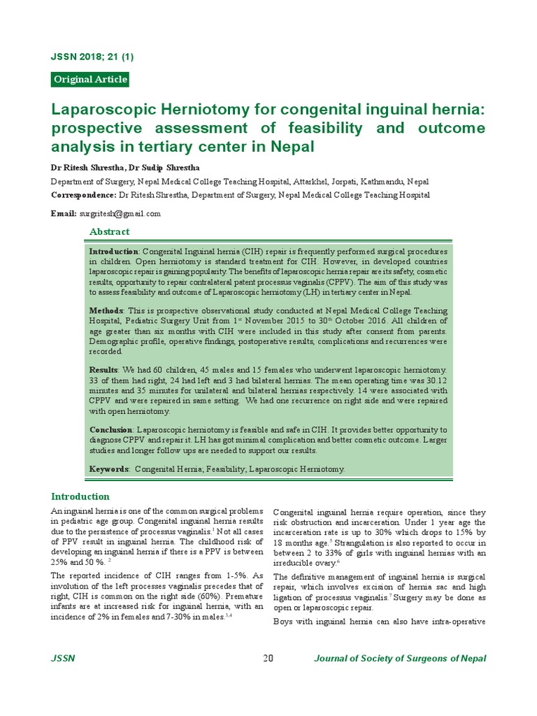 Laparoscopic Herniotomy For Congenital Inguinal Hernia Prospective ...