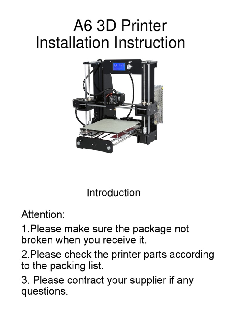 A6 3D Printer Installation Instructions-1.2 | PDF | Screw | Nut (Hardware)
