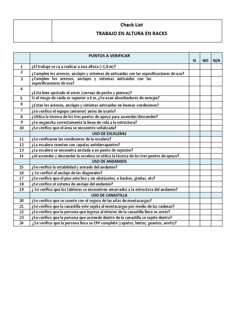 Check List Trabajo en Racks | PDF