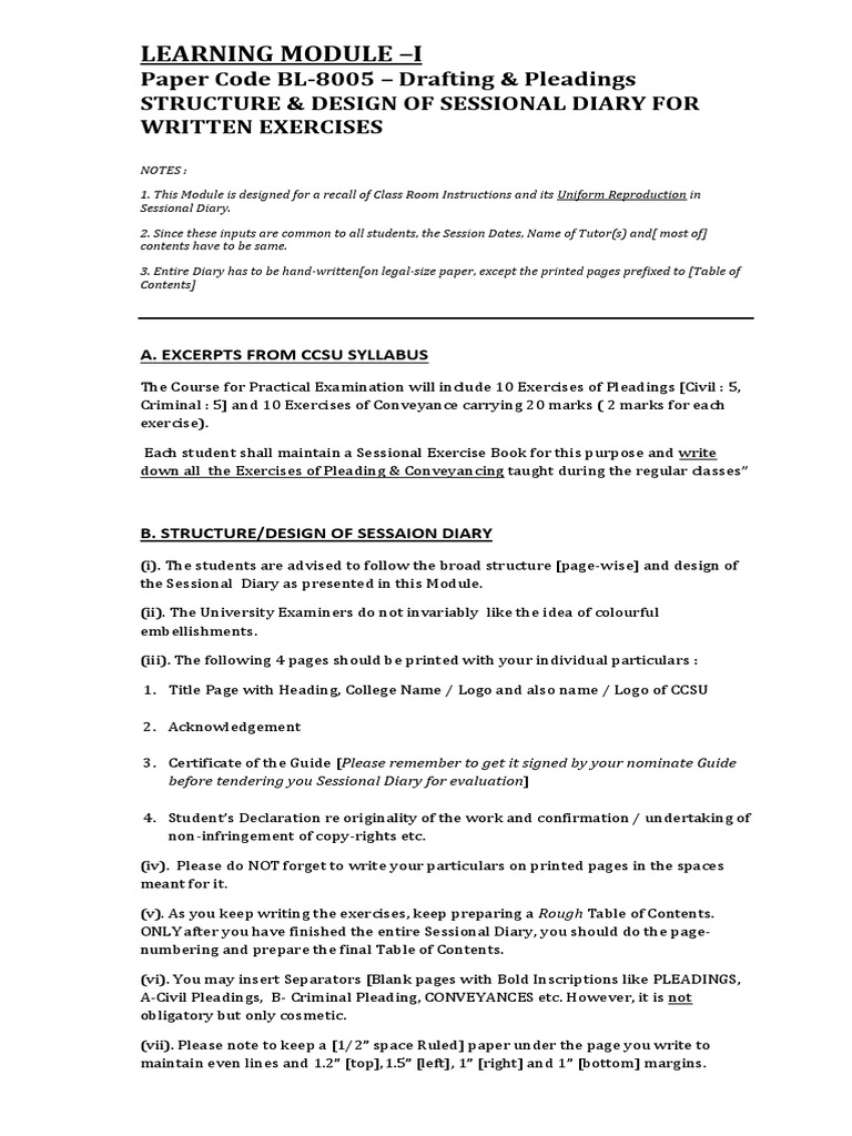 LEARNING MODULE I Sessional Diary Structure & Design - Paper Code BL ...