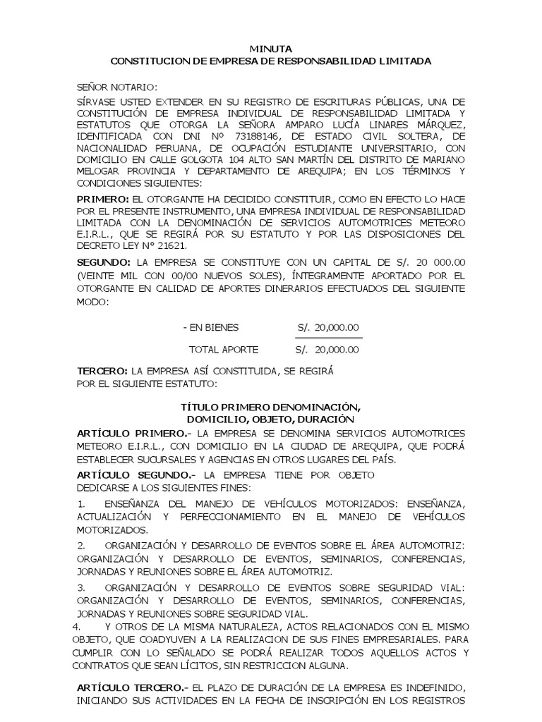 Modelo de Minuta de Constitución de Eirl | Descargar gratis PDF | Cheque | Ley procesal