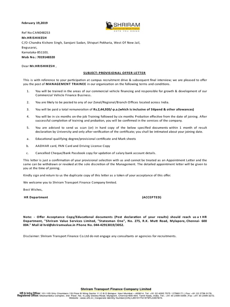 SHRIRAM OFFER LETTER.pdf | Business
