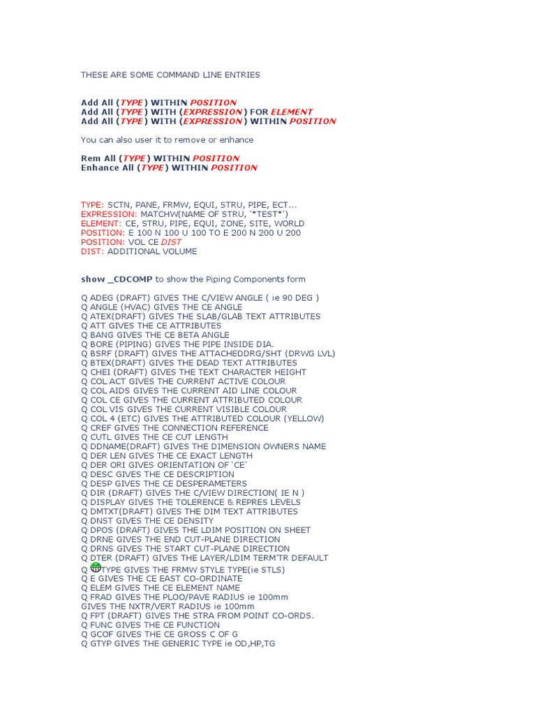 Command Line Entries For Common Pdms Design And Drafting Tasks Pdf Pipe Fluid Conveyance 8114