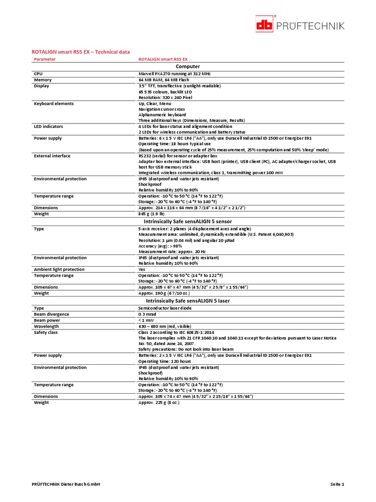ROTALIGN smart RS5 EX Technical Data | PDF | Usb | Computer Hardware