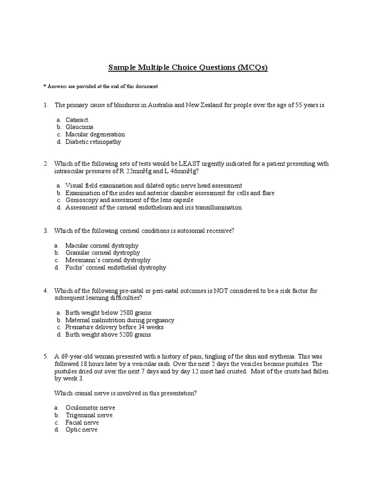 Sample Multiple Choice Questions PDF | PDF | Ophthalmology | Diseases Of The Eye And Adnexa