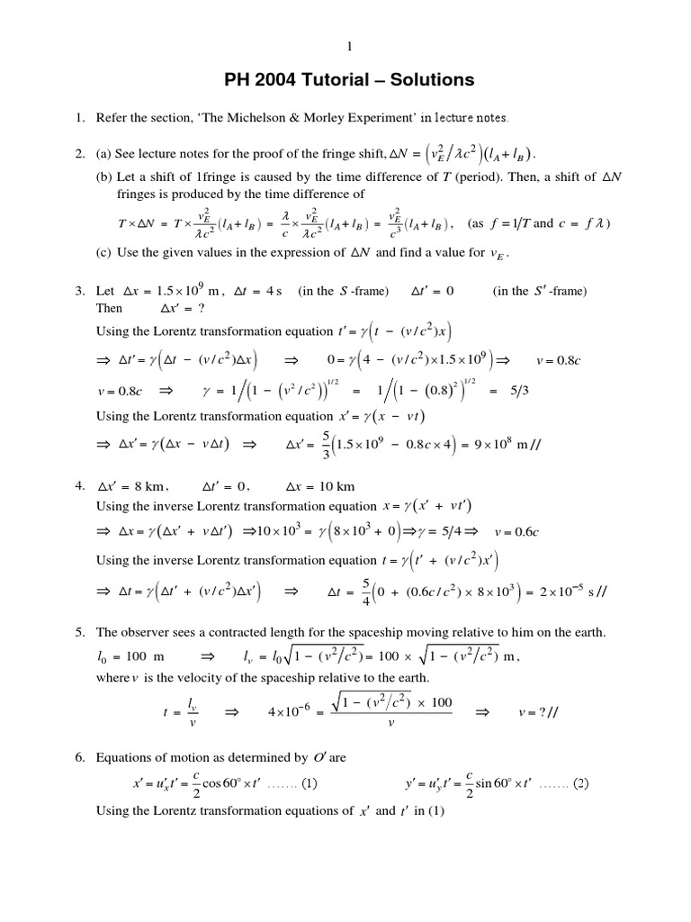 Special Relativity - Tutorial Solutions | PDF | Electronvolt | Special ...