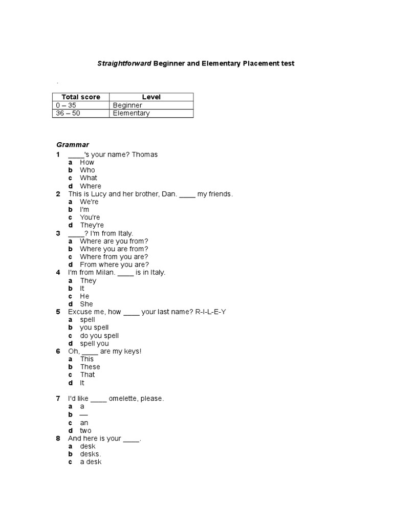 Beginner Elementary Placement Test | PDF