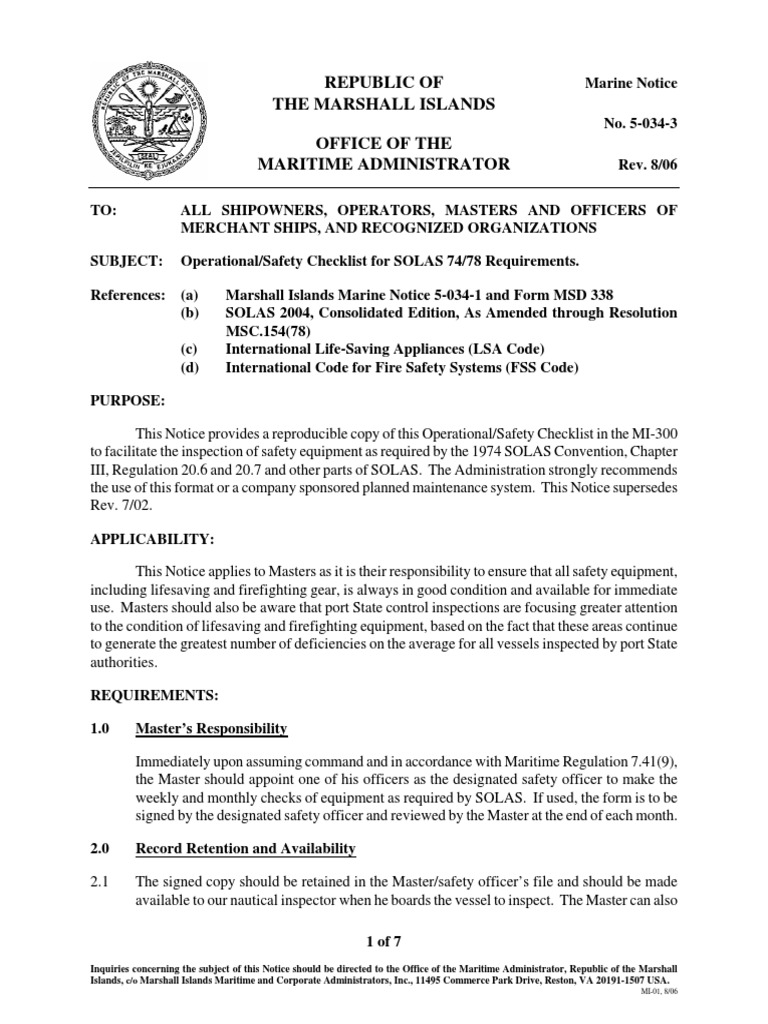 MN-5-034-3 Safety Checklist SOLAS PDF | PDF