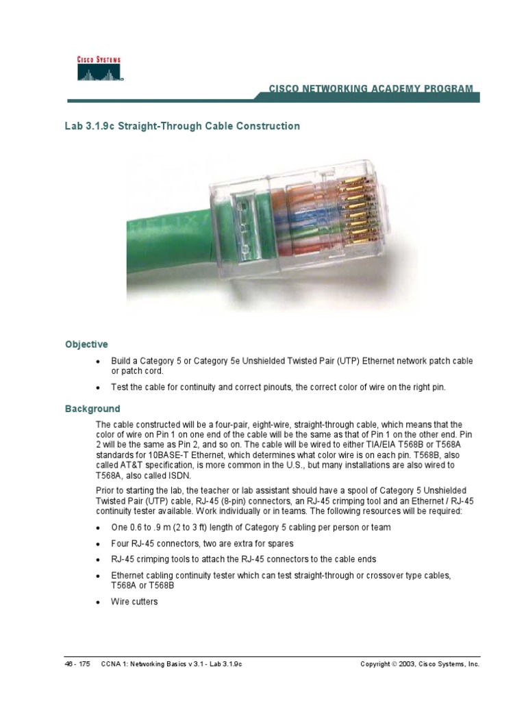 Lab 3.1.9c Straight-Through Cable Construction | PDF | Electrical ...