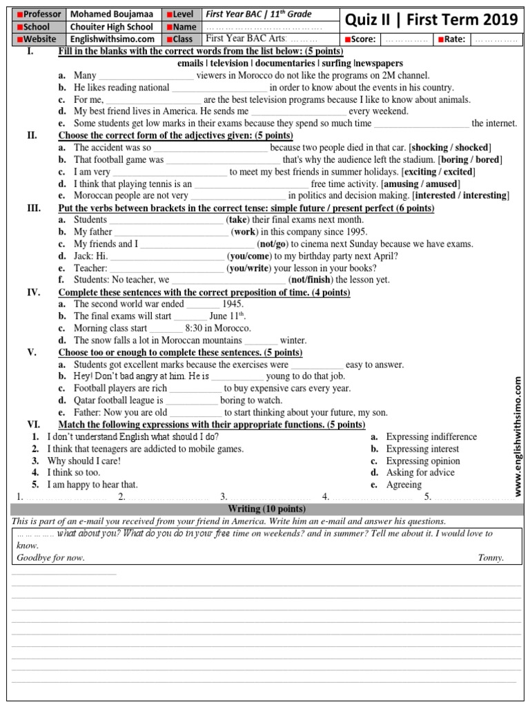 Exam Two Exam 2 First Year BAC 1st Year BAC 2019 Version 2 | PDF ...