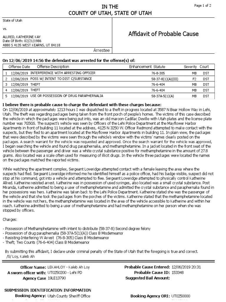 Katherine Allred Probable Cause Statement | PDF | Arrest | Deviance ...