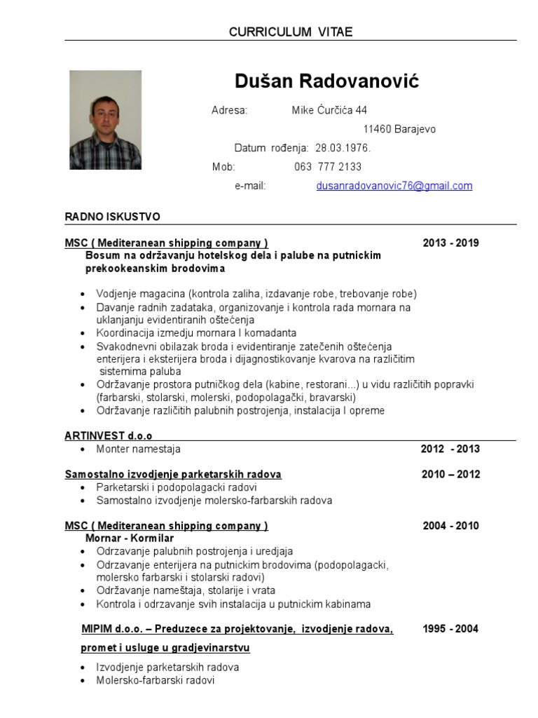 CURRICULUM VITAE Dusan Radovanovic | PDF