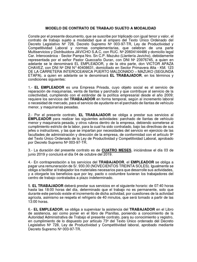 Modelo de Contrato | PDF | Derecho laboral | Justicia