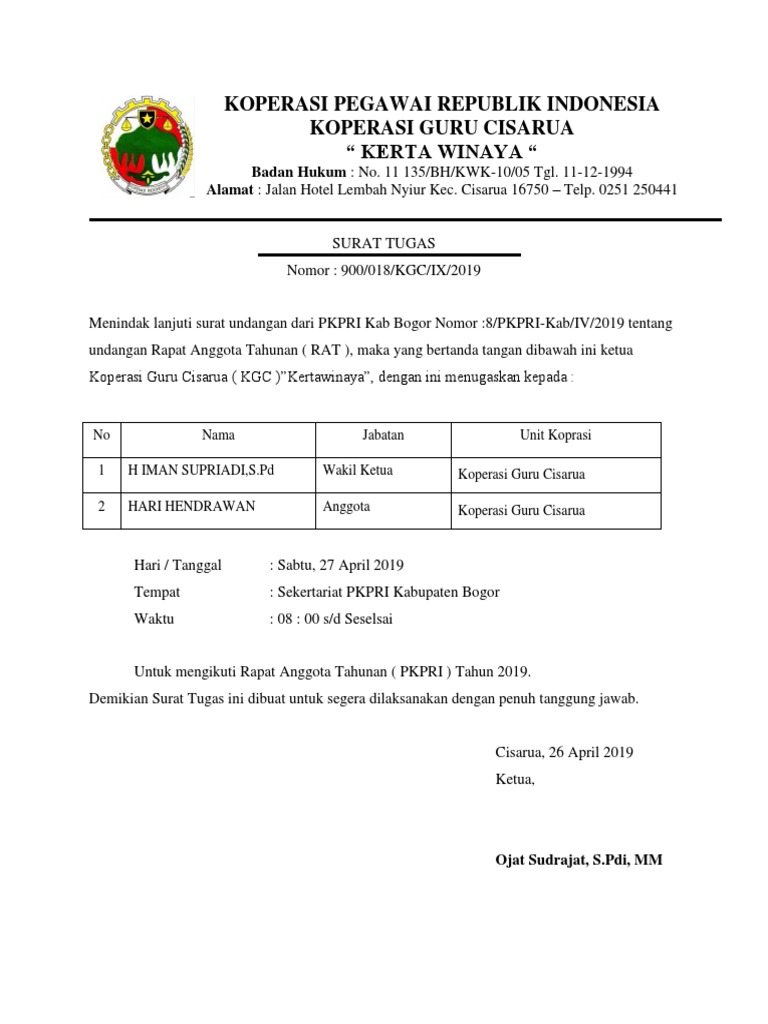 Surat Tugas Koperasi RAT 2019 KPPRI | PDF