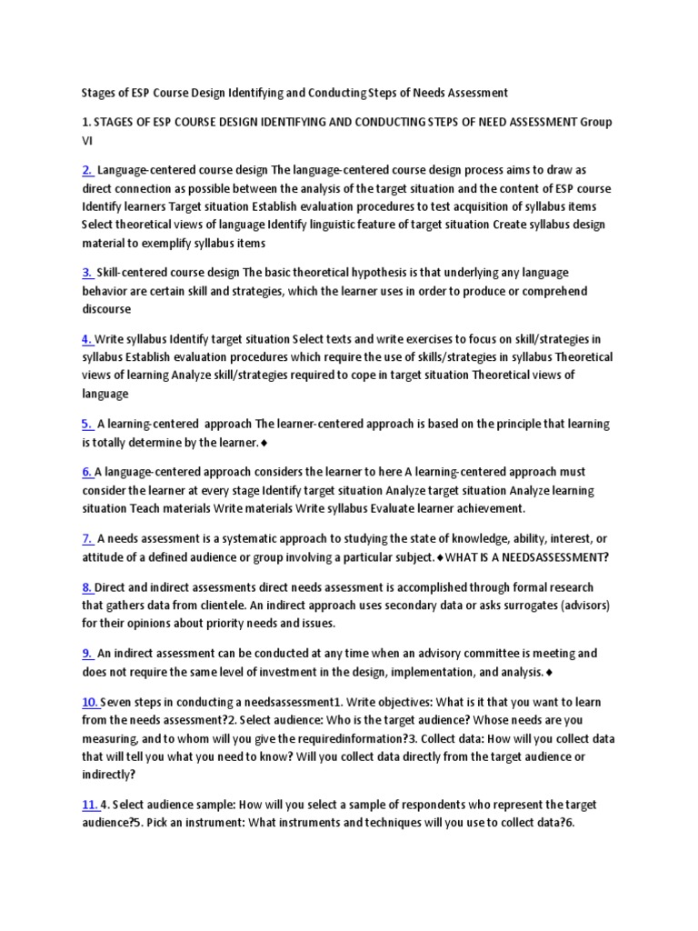 Stages of ESP Course Design Identifying and Conducting Steps of Needs ...