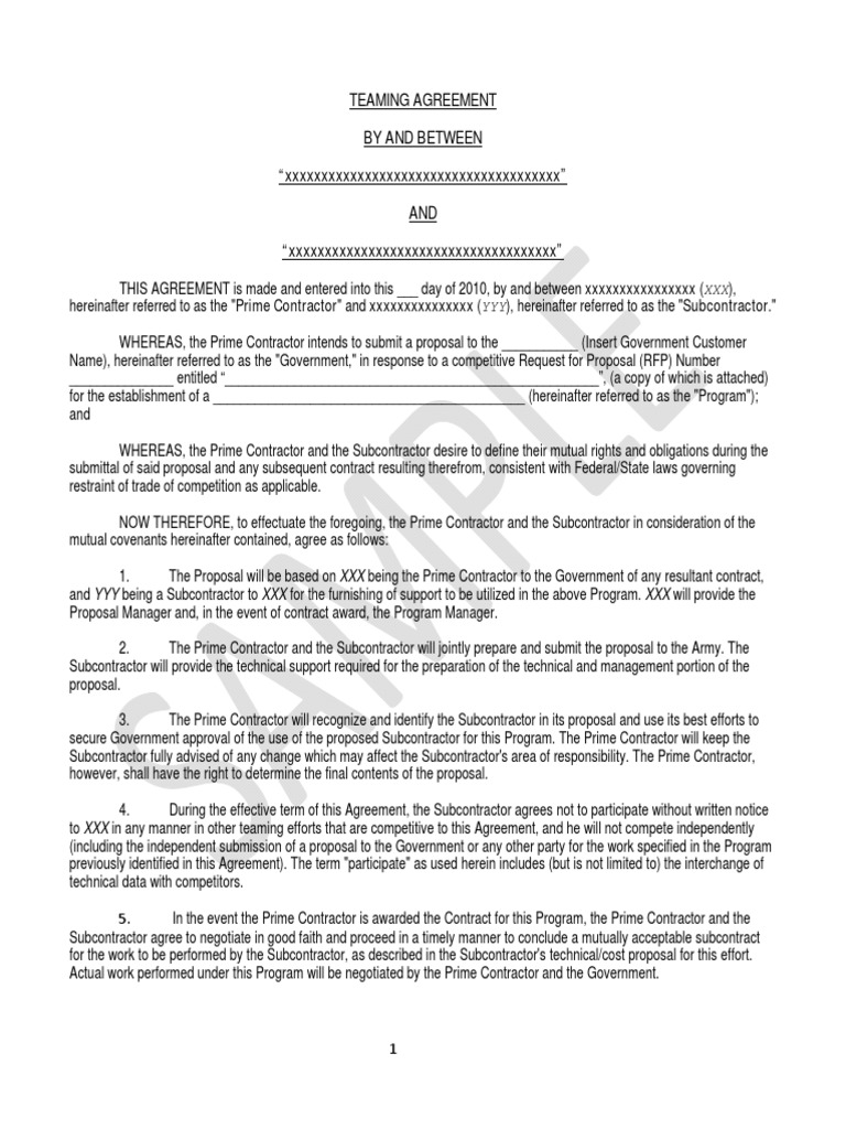 SAMPLE Teaming Agreement | PDF | General Contractor | Patent