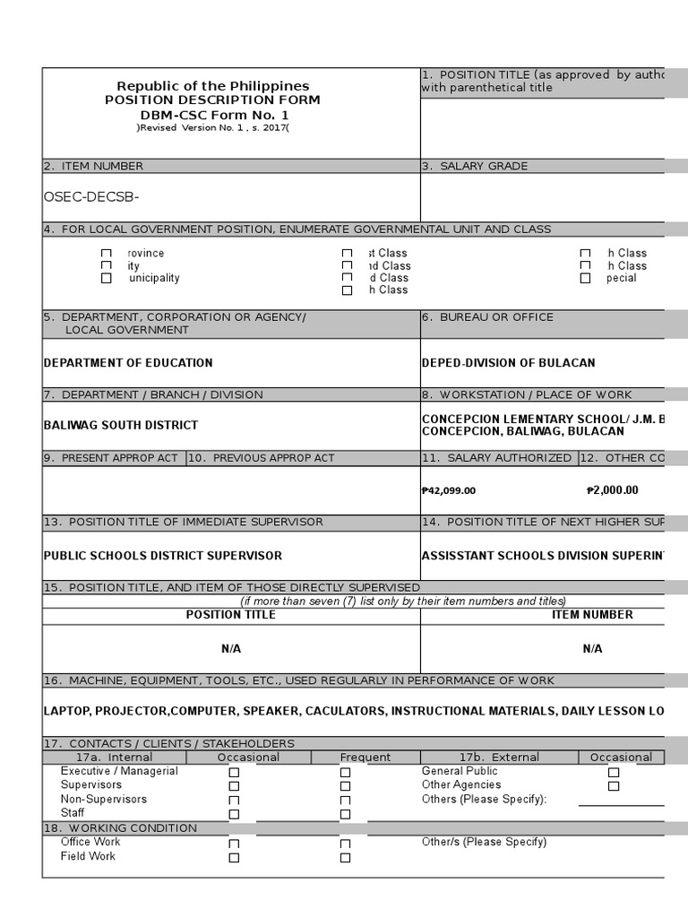 DBM-CSC-Form-No.-1-Position-Description-Forms-MT1-MT2 GERALDINE | PDF ...