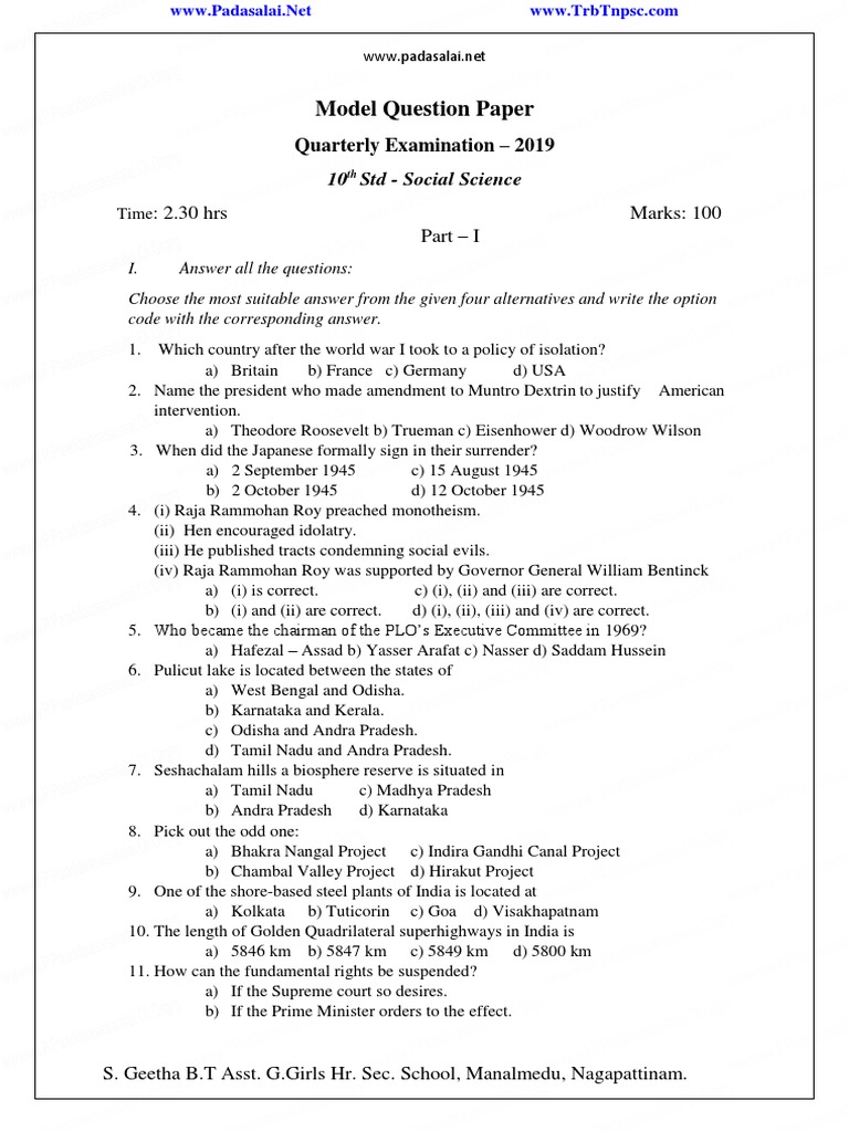 10th Social Quarterly Exam Model Question Paper 2019 2020 | PDF | Non ...