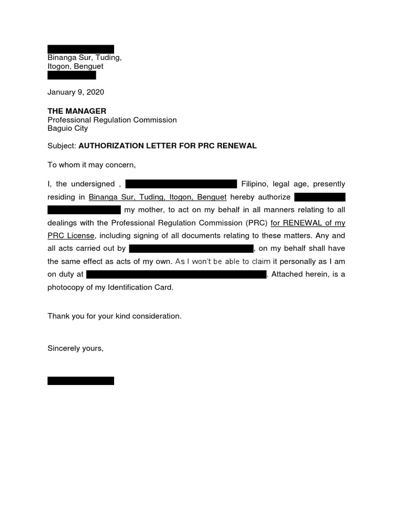 PRC Renewal Authorization Letter | PDF | Finance & Money Management | Law