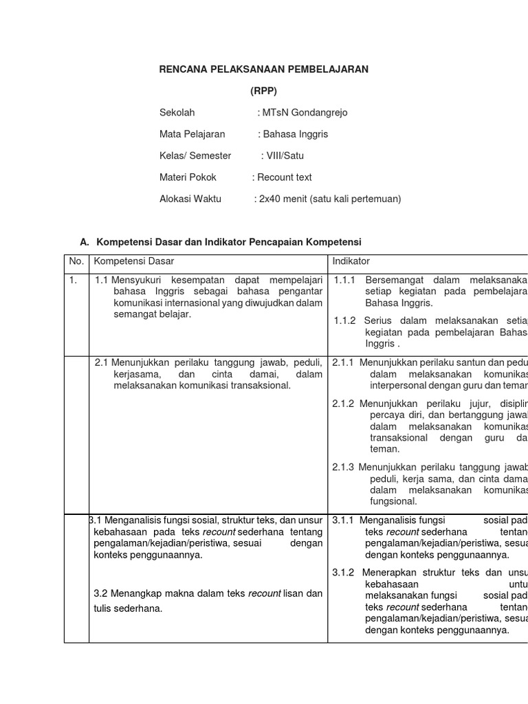 RPP Recount Text Kelas 8 Bahasa Inggris | PDF