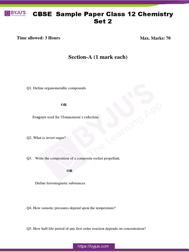 CBSE Class 12 Chemistry Sample Paper | PDF | Chemical Reactions | Carbon