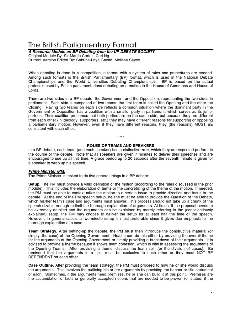 Introduction To British Parliamentary Debate Format PDF | PDF ...