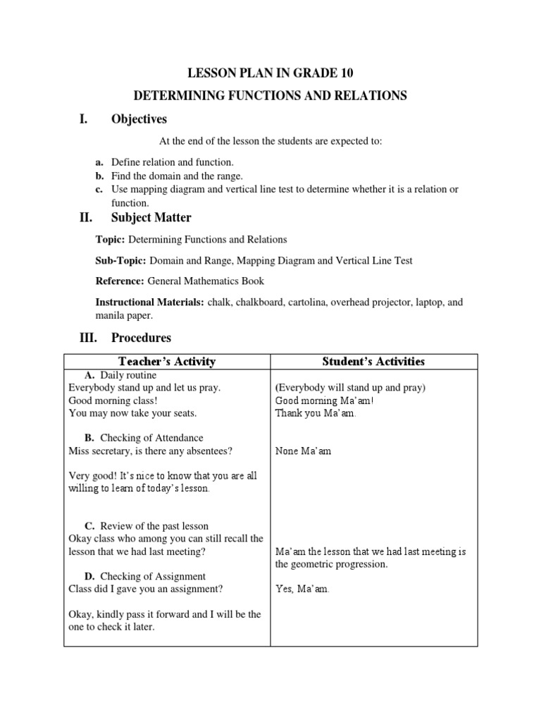 Lesson Plan in Grade 10 | PDF | Function (Mathematics) | Mathematical Logic