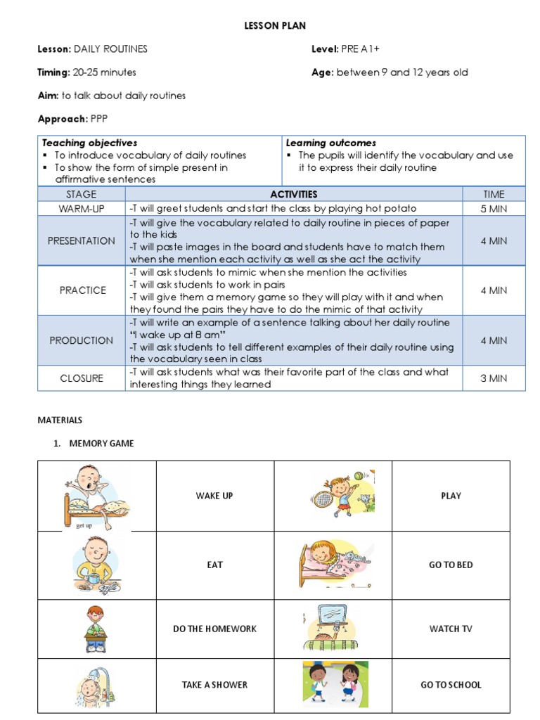 Daily Routine Lesson Plan for Kids | PDF | Lesson Plan | Learning