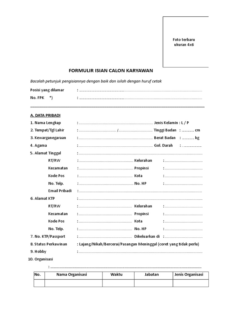 Form Isian Calon Karyawan - Manager | PDF