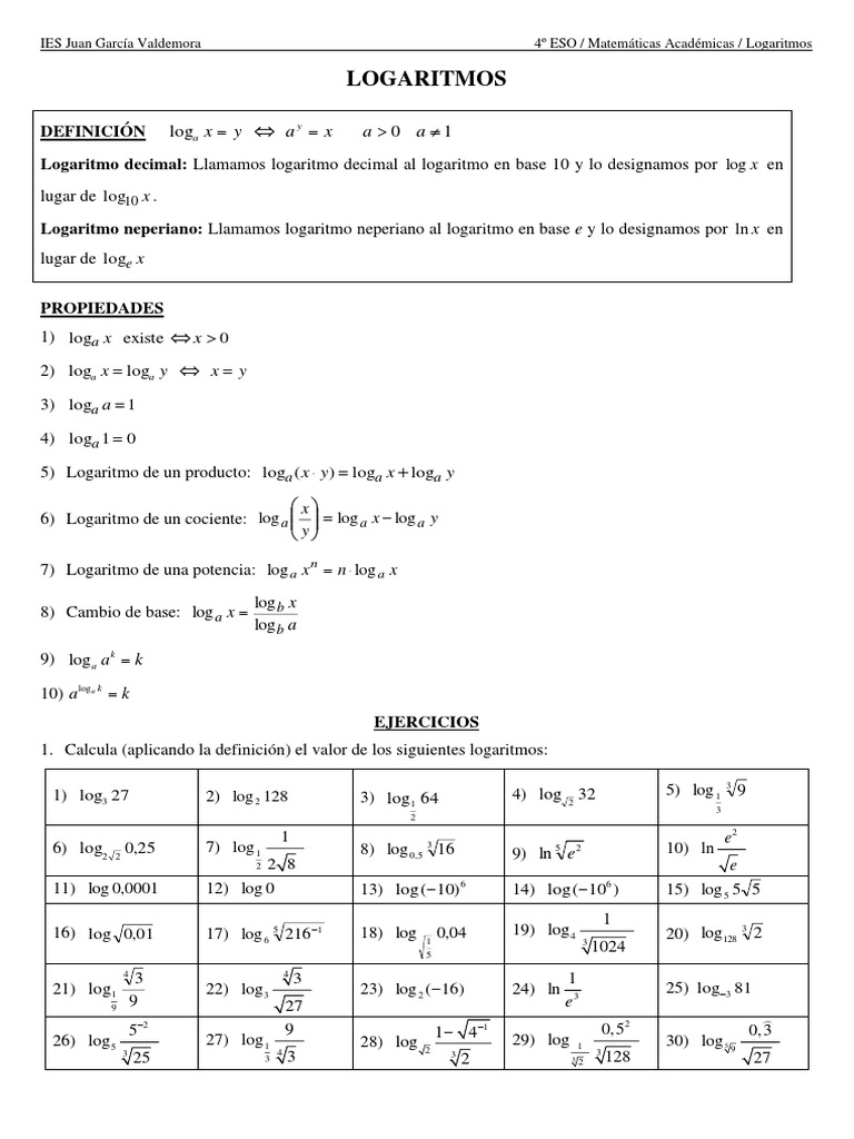 02 Ejercicios Tema1 Hoja2 Logaritmos PDF | PDF | Logaritmo | Números