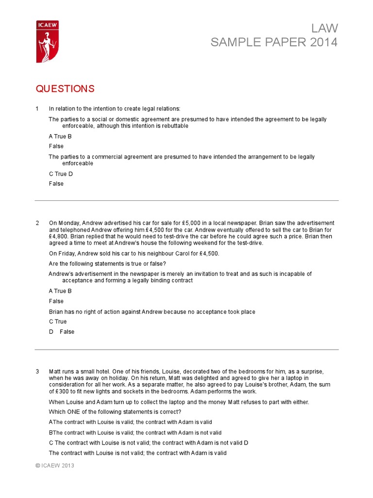 Law Sample Paper 2014 | PDF | Vicarious Liability | Law Of Agency