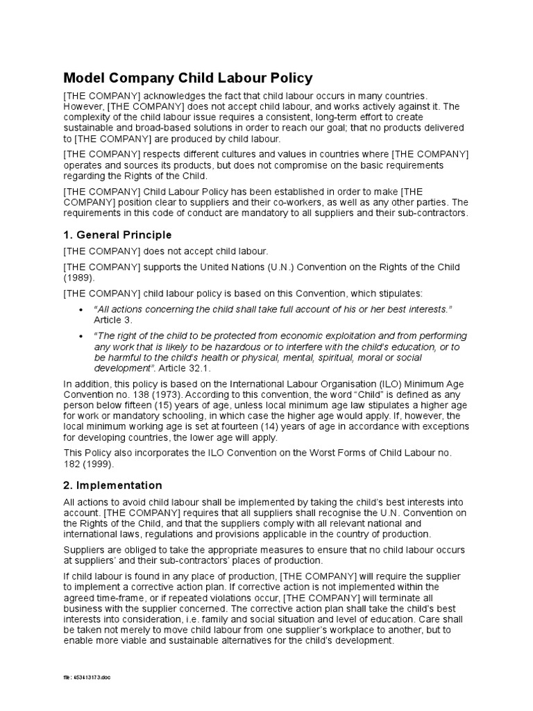 Model Company Child Labour Policy | PDF | Child Labour | International ...