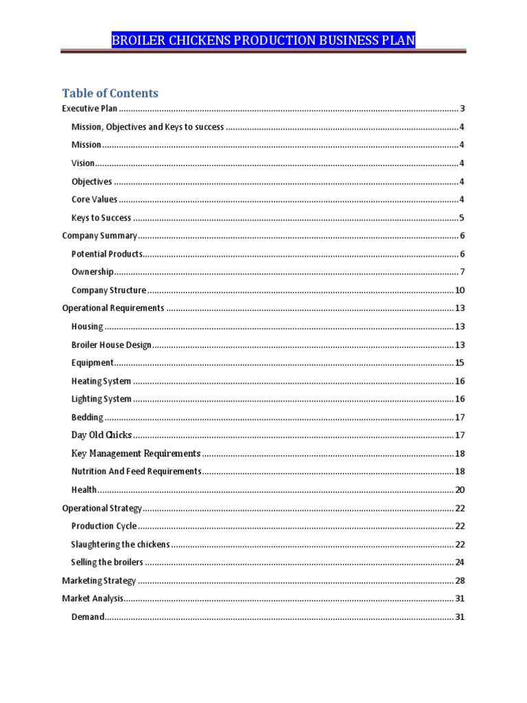 Contents Table Broiler Chicken Production Business Plan PDF | PDF ...