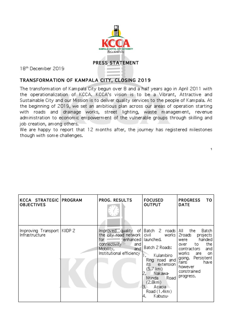 KCCA 2019 Transformation Progress Report | PDF | Valuation (Finance ...