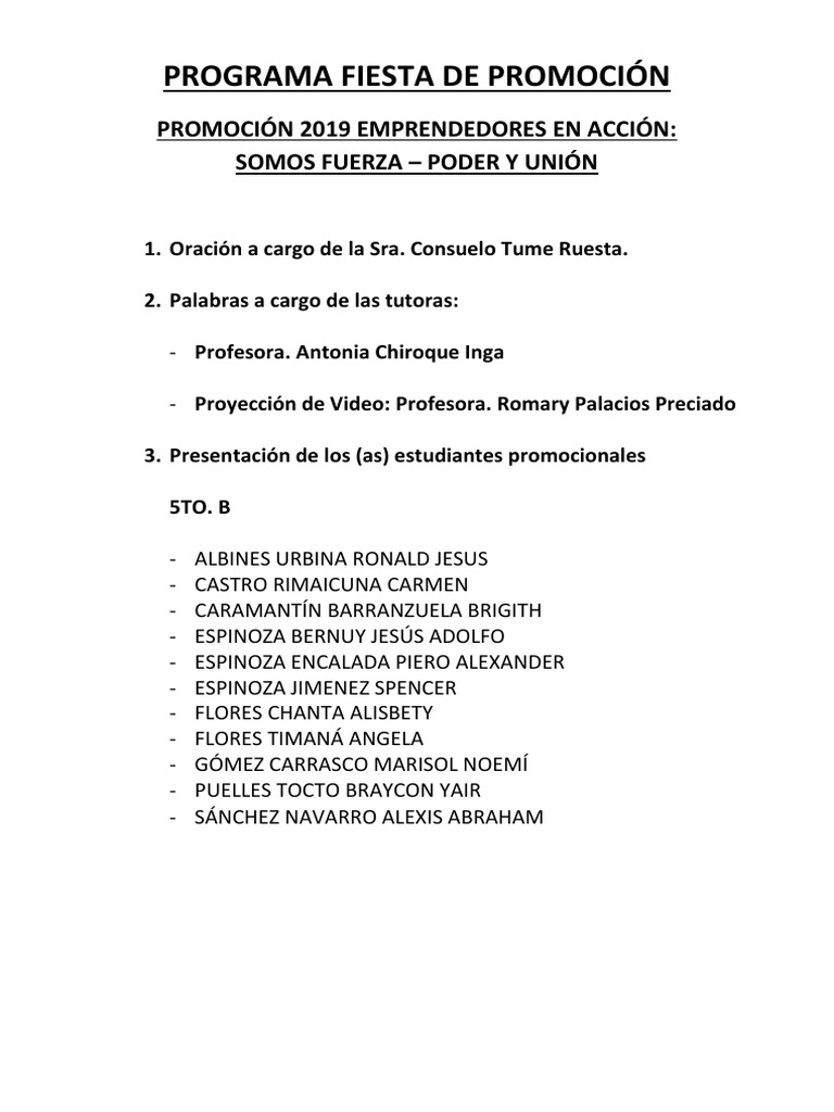 Programa Fiesta de Promoción | PDF