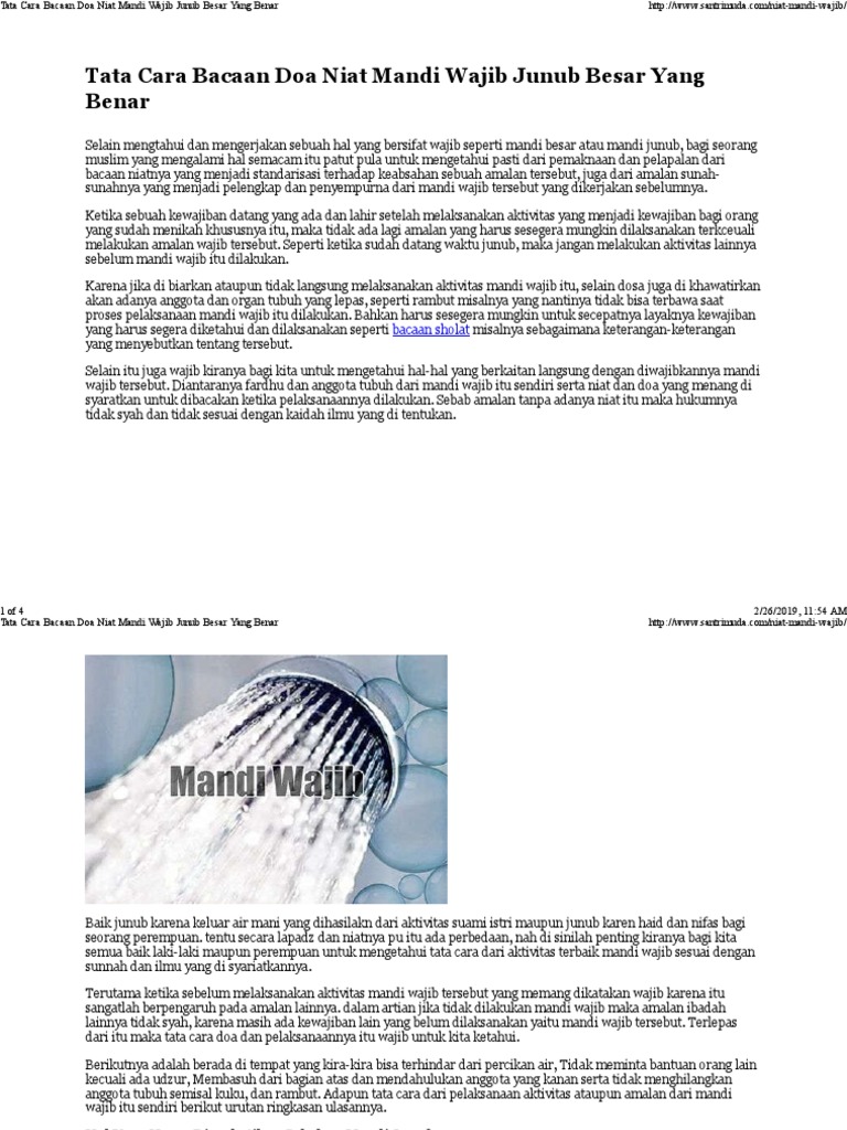 Tata Cara Bacaan Doa Niat Mandi Wajib Junub Besar Yang Benar | PDF ...