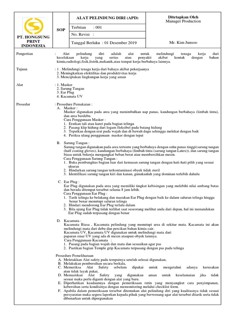 Contoh Sop Apd (Alat Pelindung Diri) | PDF
