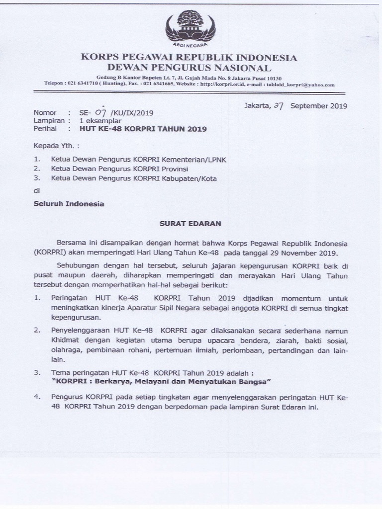 Surat Edaran Hut Korpri 2019 PDF | PDF