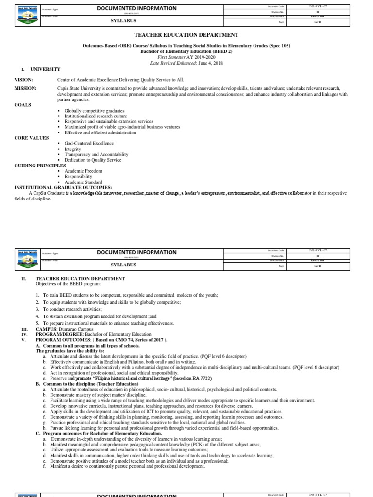 Teaching Social Studies in elemetary Syllabus 2019-2020.docx | Lesson ...