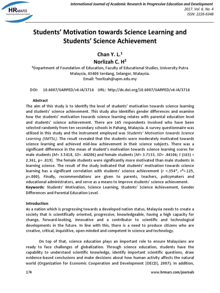 Students' Motivation Towards Science Learning and Students' Science ...