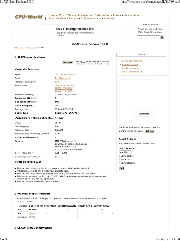 SL7Z9 (Intel Pentium 4 630) PDF | PDF | Cpu Cache | Central Processing Unit