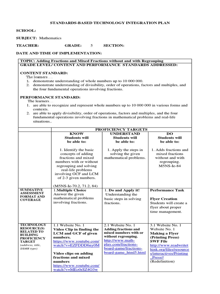 KUD-Plan-Math 5 | PDF | Fraction (Mathematics) | Teaching Mathematics