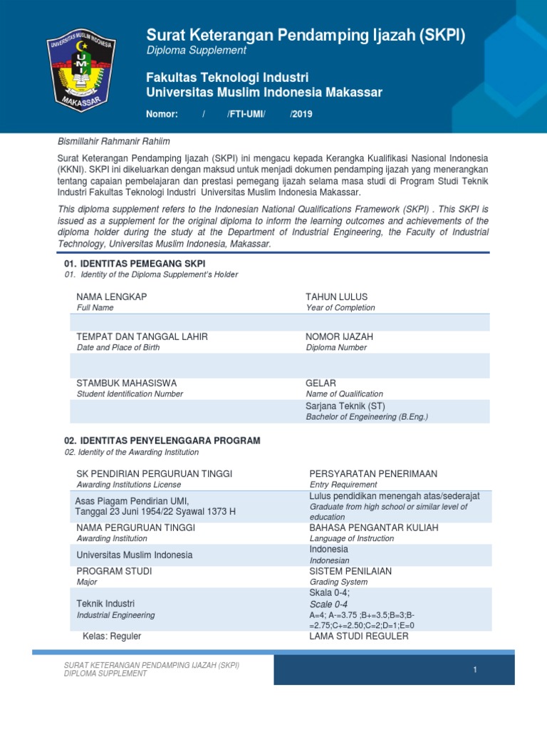 Contoh SKPI Teknik Industri UMI | PDF