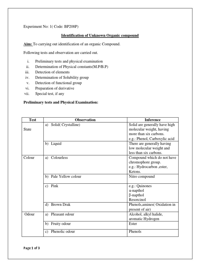 1.0 BP 208P Phar Org Chem-EXP-1 | PDF | Carbon Compounds | Solubility