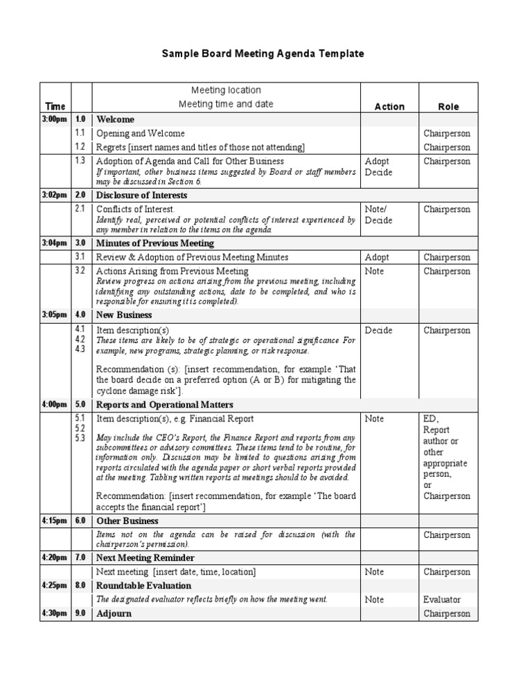 Board Meeting Agenda Template | PDF | Conflict Of Interest | Chairman