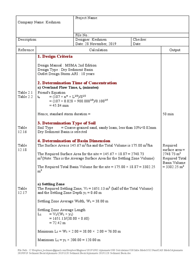 Dry Sediment Basin Calculation PDF | PDF | Civil Engineering | Earth ...